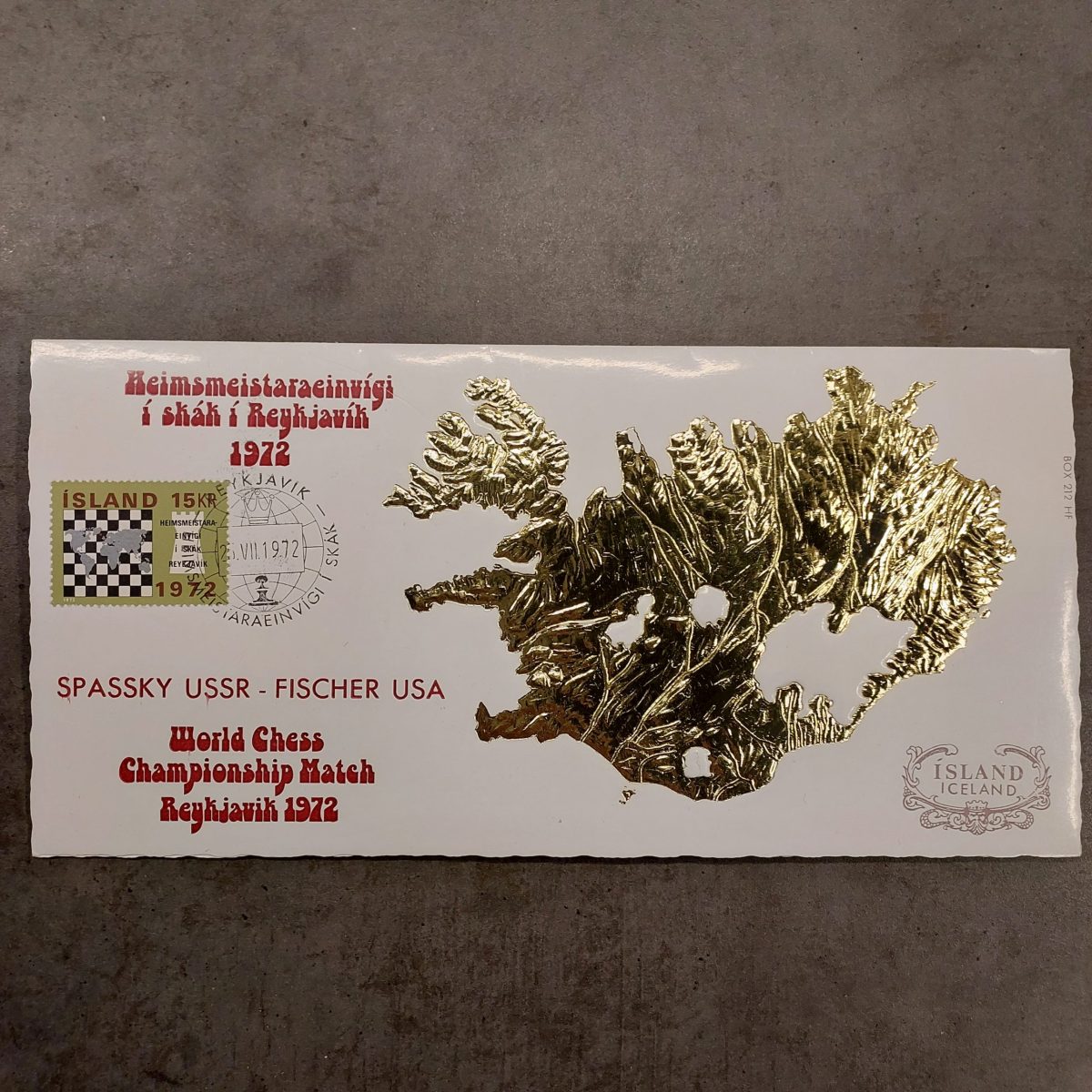 Iceland 1972 Fischer Spassky gold foil postcard